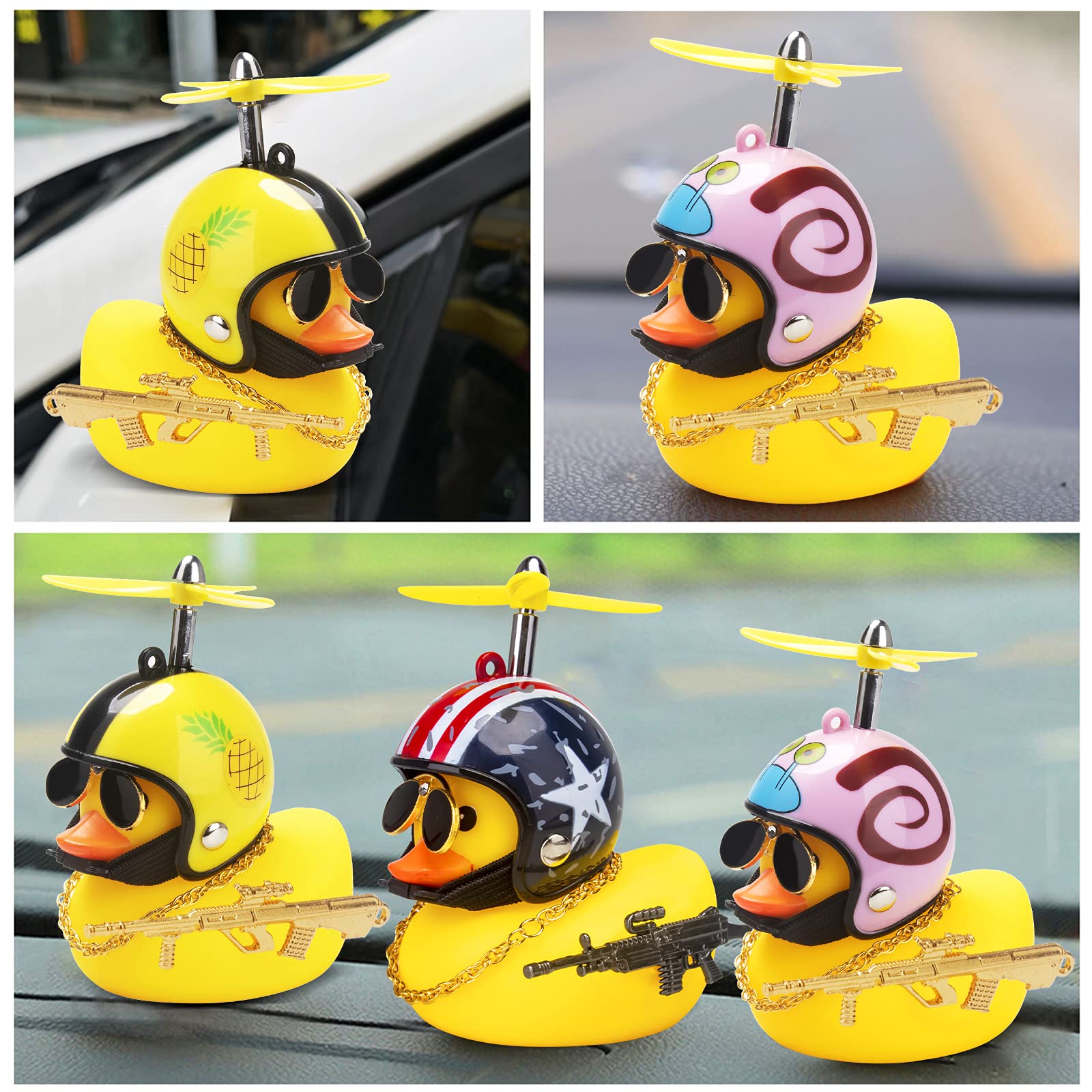 wonuu 3 Pack Car Rubber Duck Cute Yellow Wind-Breaking Ducks Dashboard Decorations Small Ornaments with Propellers Glasses Gold Chain (Yellow-Snail&Pineapple&Stars and Stripes)