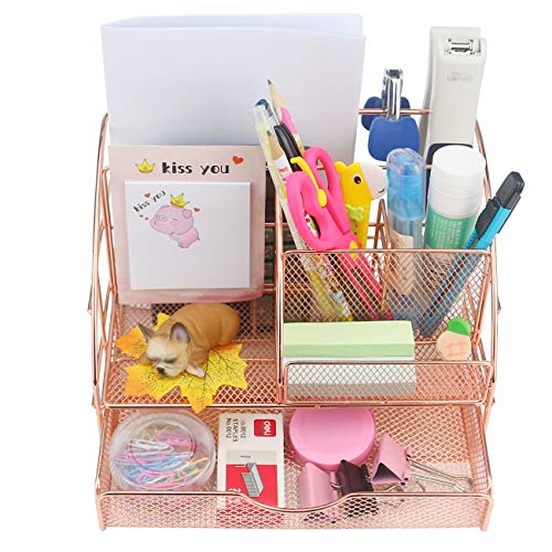 Ogrmar Rose Gold Desk Supplies Organizer, Multi-functional Mesh Desk Organizer with 6 Compartments & Desk Drawer Organizer for Office Supplies and Desk Accessories(Rose Gold) (9" X 6" X 6")