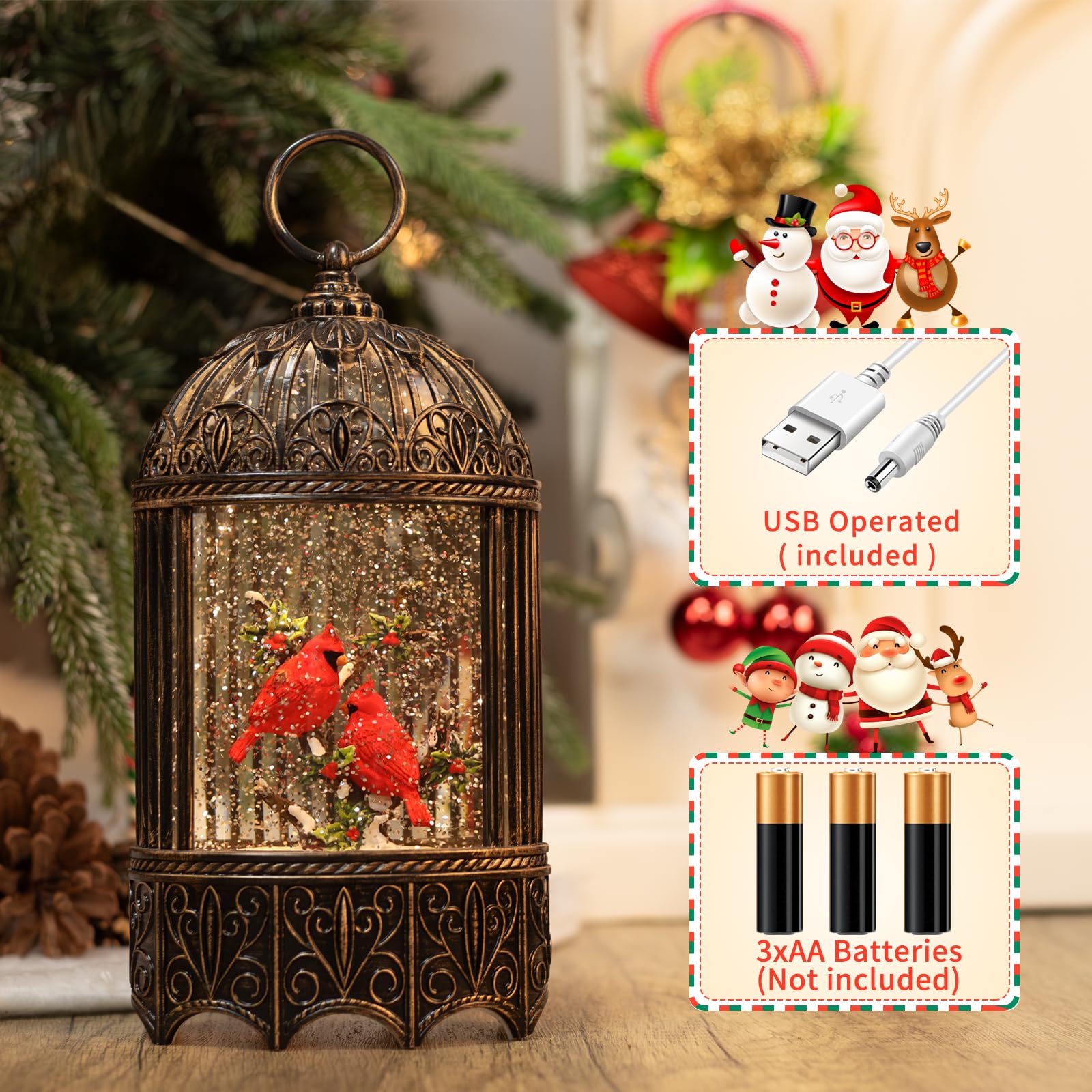 Christmas Snow Globes Cardinal Gift, Light Up Musical Snow Globe Birdcage Christmas Decorations, 6H Timer, USB/Battery Operated, Cardinal Gift Indoor Home Décor