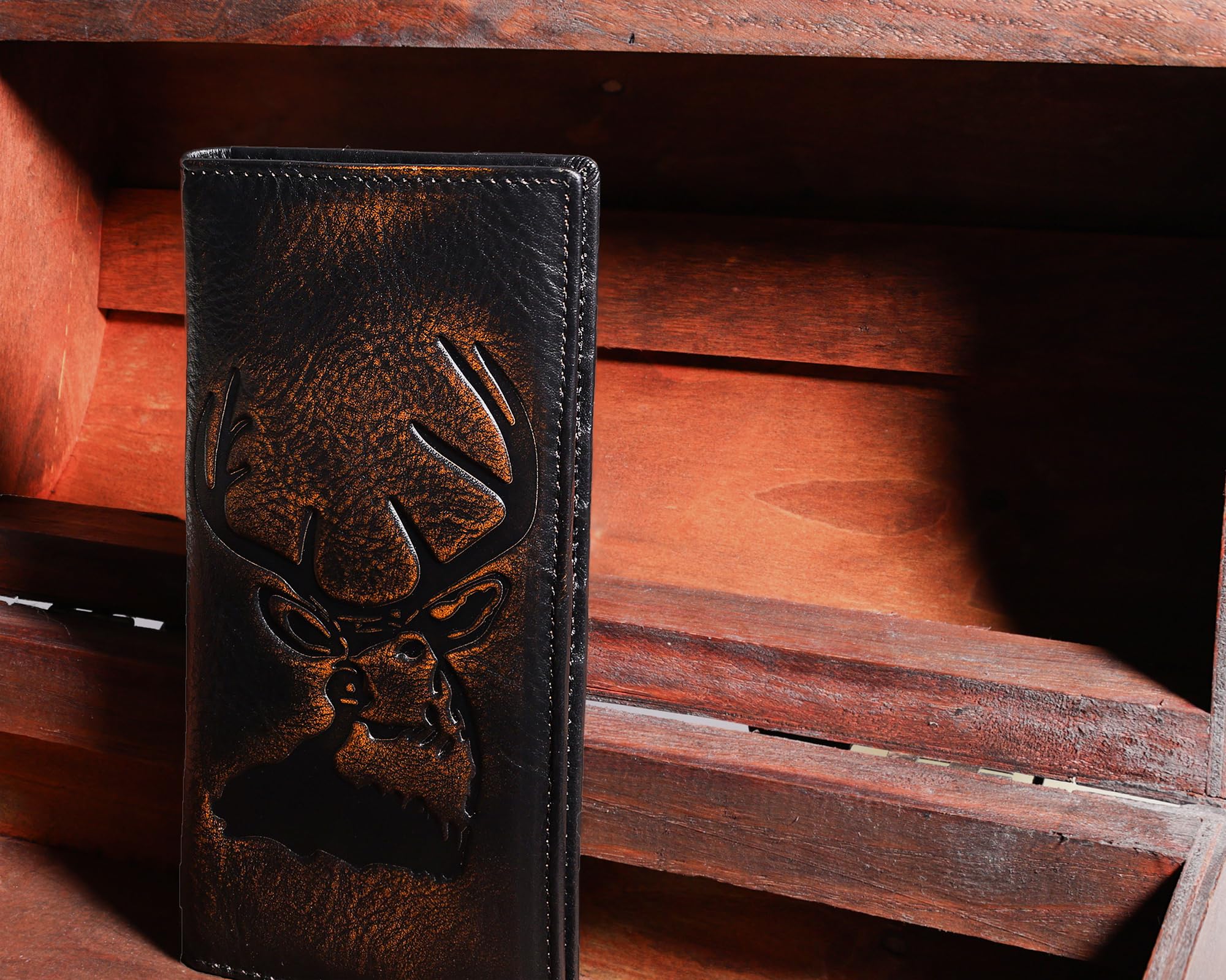 DK86 Deer Long Wallet For Men Full Grain Leather with Hand Burnished Rfid Blocking Rodeo Wallet Bifold Wallet Deer Wallet, Black and Orange