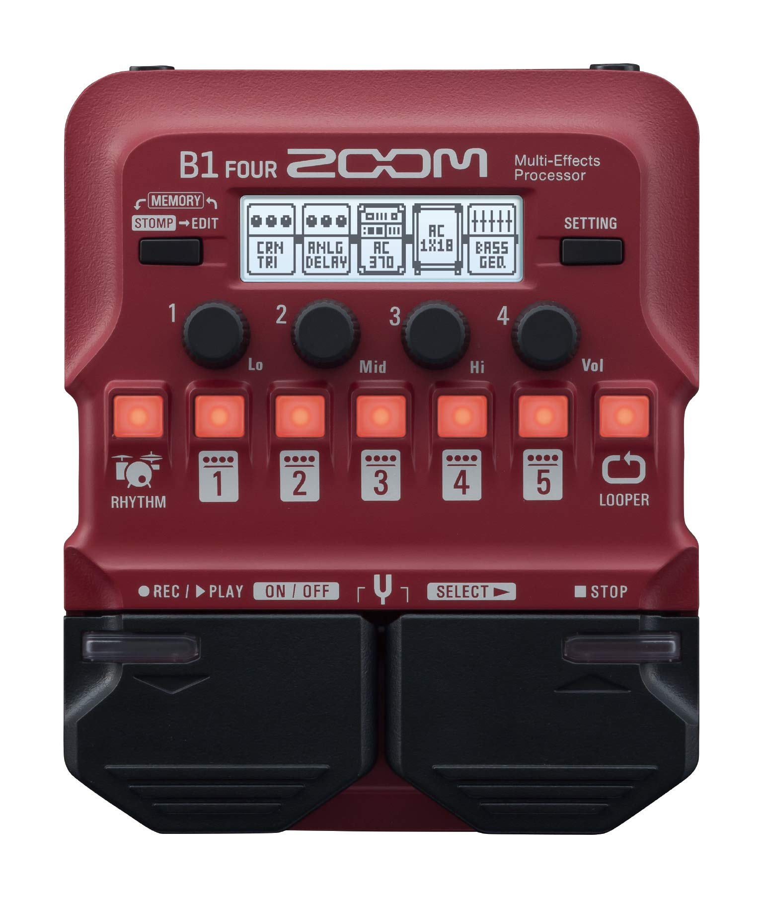 Zoom B1 Four Guitar MultiEffects Processor + (1) 20ft Instrument Cable + (1) 9V Power Supply + K&M Cloth