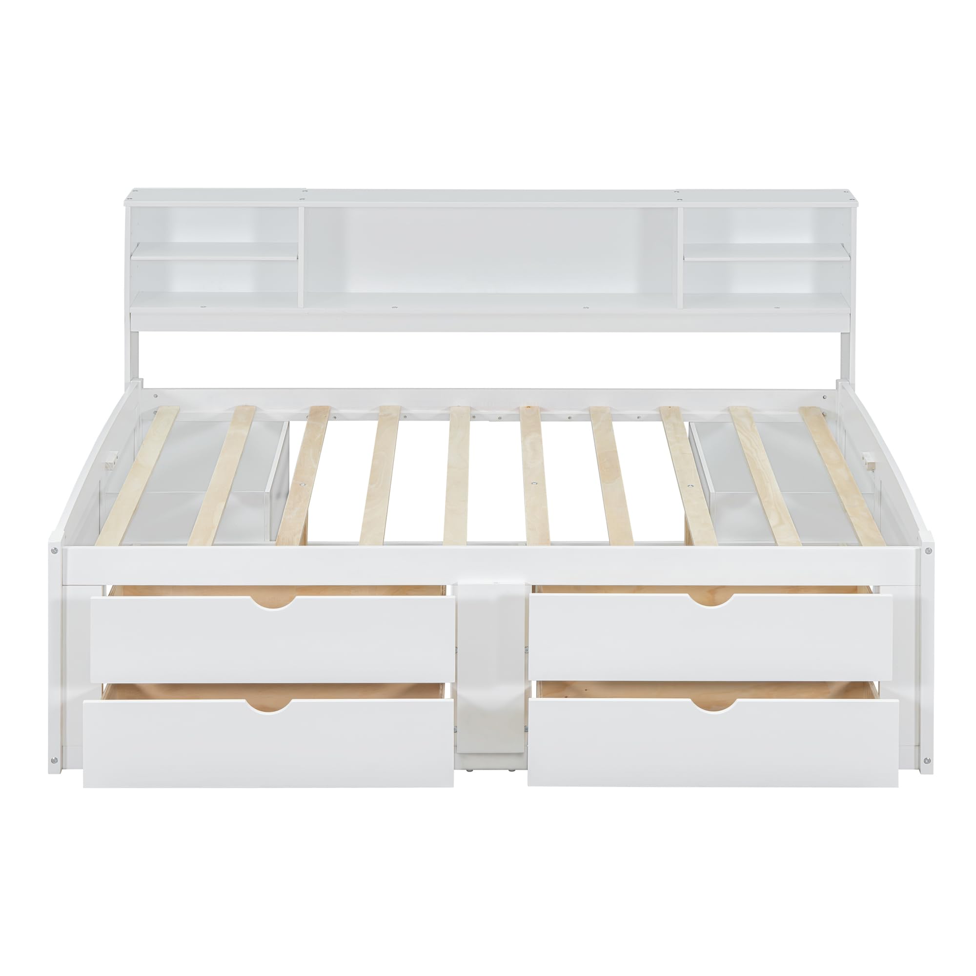 Hlcodca Full Size Daybed with Storage Drawers, Bedside Cabinets and Upper Shelves, Pine Wood Captains Bed with Bookshelf for Kids Boys Girls Teens (White-Full Size Wood Daybed)