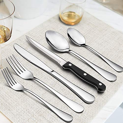 LIANYU 24-Piece Silverware Set with Steak Knives for 4, Plus Drawer Organizer, Stainless Steel Flatware Cutlery Set, Modern Eating Utensils Tableware Include Forks Sppons Knives, Dishwasher Safe