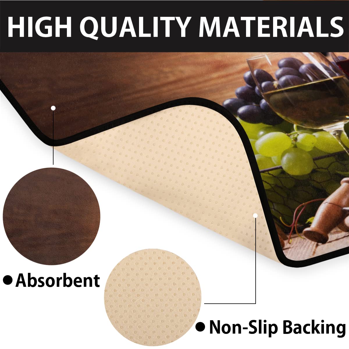 DJYQBFA Glasses of Red and White Wine Floor Mats Kitchen Durable Floor Mat Soft Quick Absorbent Grapes Wooden Area Rug for Home Office Sink Laundry 16 x 24 Inches