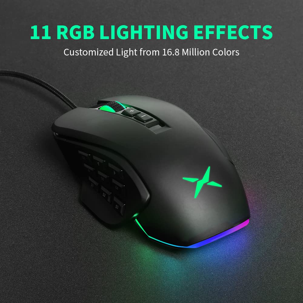 DeLUX Wired MMO Gaming Mouse with 4 Interchangeable Side Plates, 12400DPI, 14 Programmable Buttons, RGB Light, 1000Hz Report Rate, Pro Ergonomic Gamer Mouse for PC Computer Laptop (M631-Black)