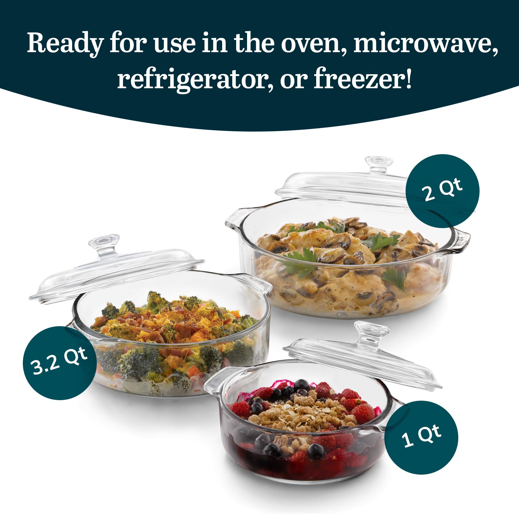 Libbey 56030 Baker's Basics 3-Piece Covered Casserole Dishes, Versatile Glass Baking Dishes for Oven, Clear Lead-Free Casserole Cookware