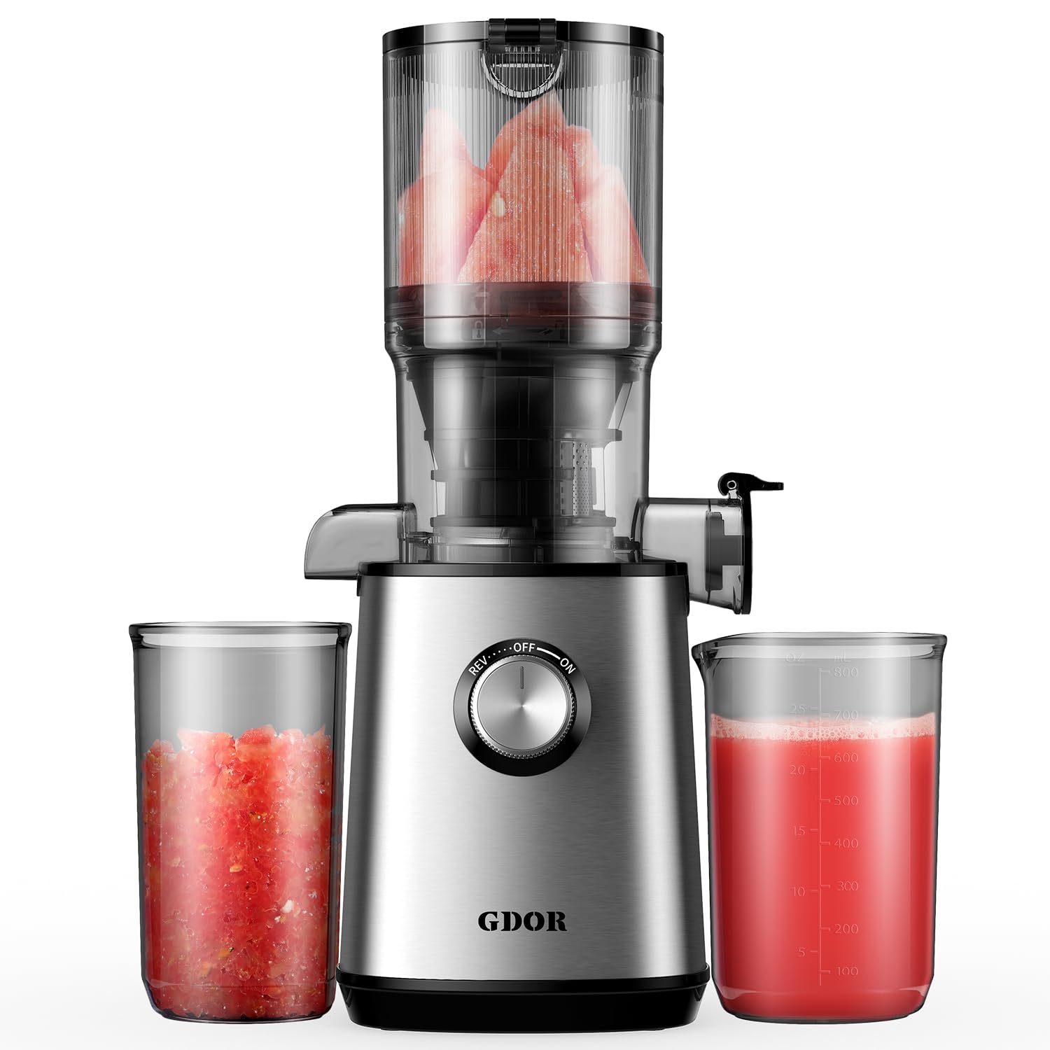 GDOR Cold Press Juicer with 4.25'' Feed Chute, Masticating Juicer Machines Fits Whole Fruits and Vegetables, Self Feeding Slow Juicer with Low Noise, Easy to Clean, Silver
