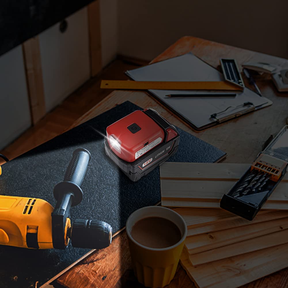 for Milwaukee M18 Battery Adapter, DC Port & 3W LED Work Light & Dual USB Charger Adapter Converter Compatible with Milwaukee Phone Charger 14.4V/18V Battery 49-24-2371 Power Source