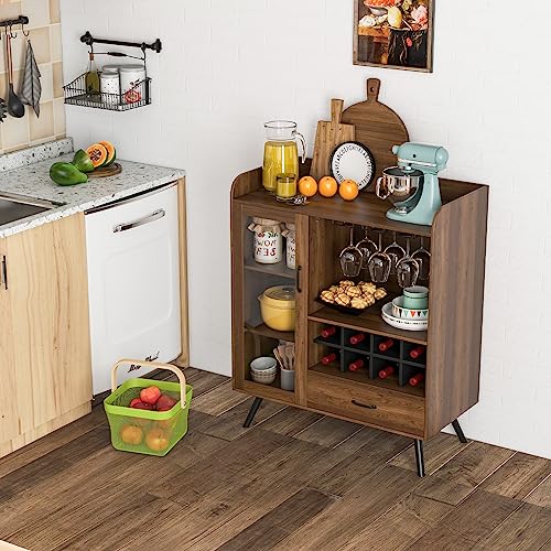 LOKO Wine Bar Cabinet, Farmhouse Coffee Bar Cabinet with Tempered Glass Door, 3-Row Glass Holder & 8-Grid Wine Rack, Buffet Sideboard with Wine Display, Rustic Brown