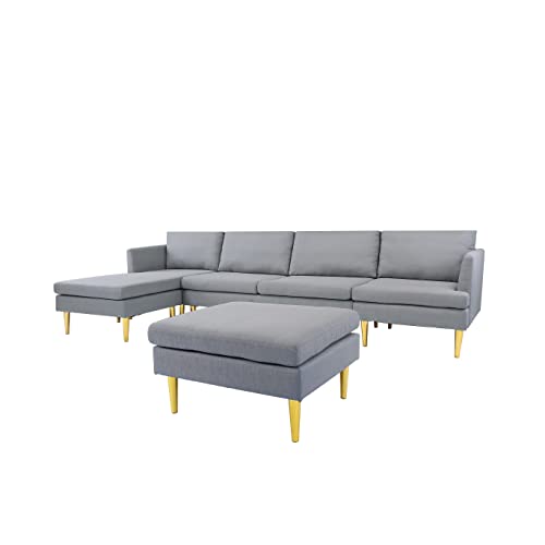 KoiHome Convertible Sectional Handrail, 6-Seater Sleeper Sofa Couch with Metal Gold Conical Legs, Modern Home Furniture for Living, Bedroom,Office,Waiting Room, Polyester, Light Grey
