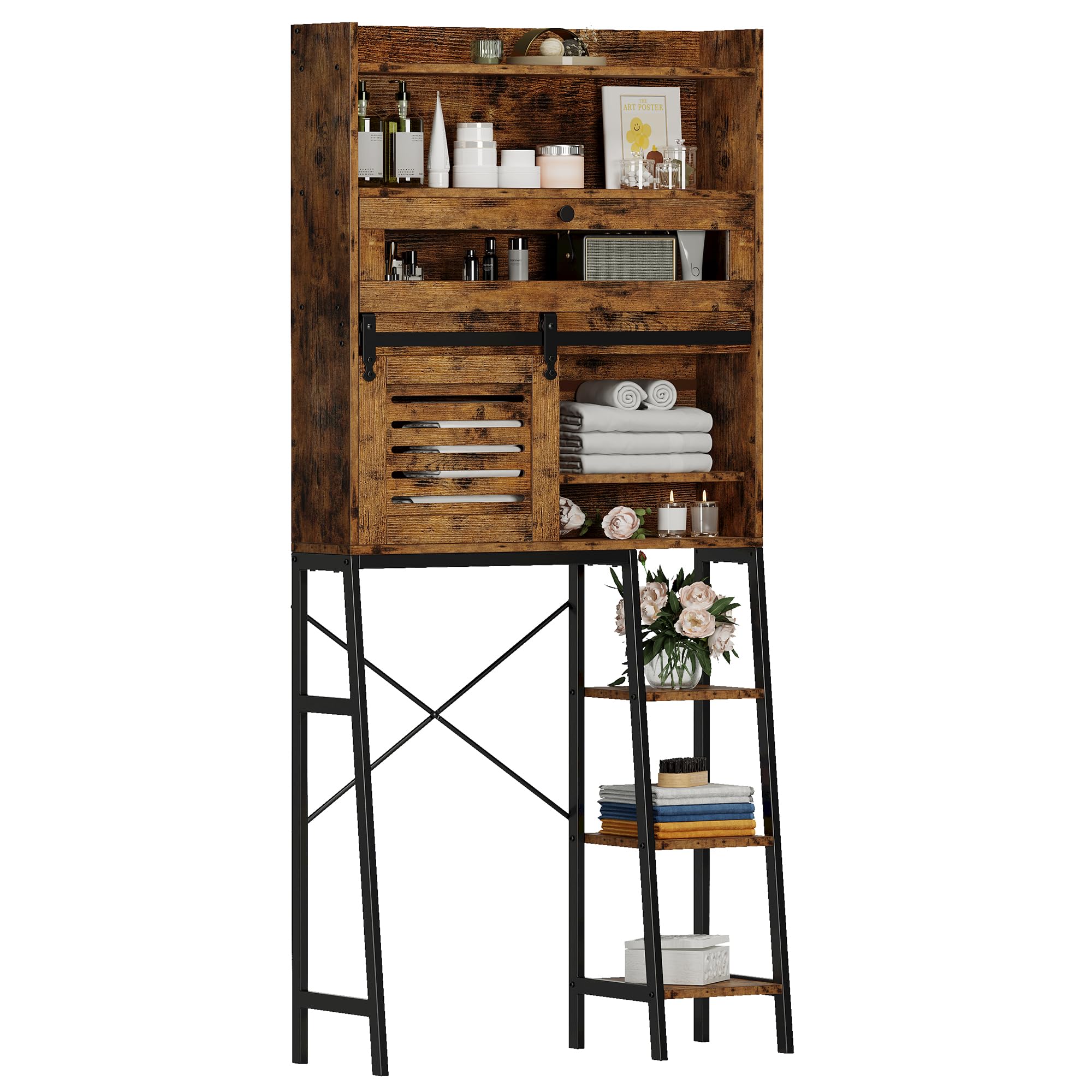IRONCK Over The Toilet Storage with Cabinet, Sliding Barn Door, Side Storage Open Rack, Mass-Storage Over Toilet Bathroom Organizer for Bathroom, Restroom, Laundry, Vintage Brown