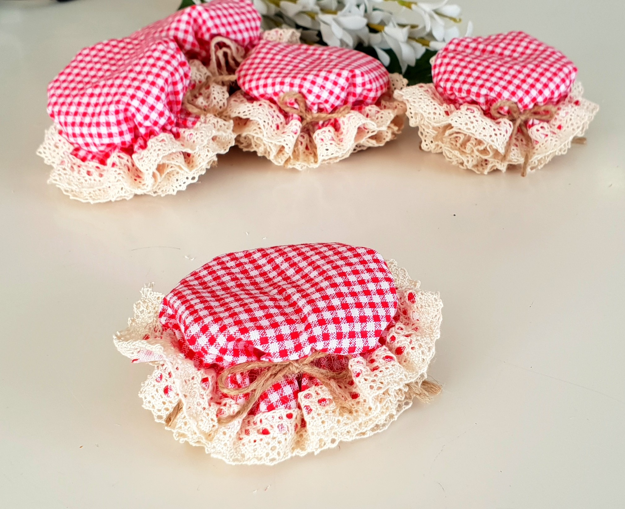 DLK - 10 pieces Elasticated Jar Cover Cloth - 100% Cotton Jar Cover Cloth - Stretchy Red Gingham (Checkered) Pattern - Breathable Fermentation Lid Bowl - Reusable Elastic Cloth Jar Covers