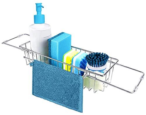Kitchen Sink Caddy Sponge Holder, Kitchen Sink Caddy Expandable with Dish Cloth Hanger, Stainless Steel Kitchen Sink Organizer Drying Rack Basket, No Drilling