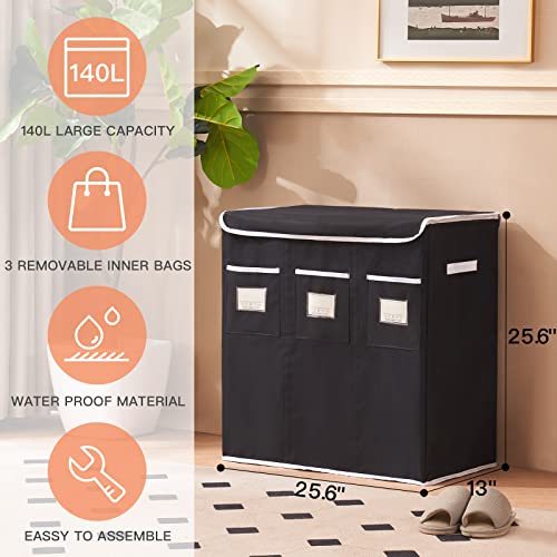 TECHMILLY 3 Section Large Laundry Basket, 140L Laundry Hamper with Lid,Waterproof Durable Clothes Hamper with 4 Removable Bags and 3 labels for Bathroom, Bedroom, Dorm, (Black)