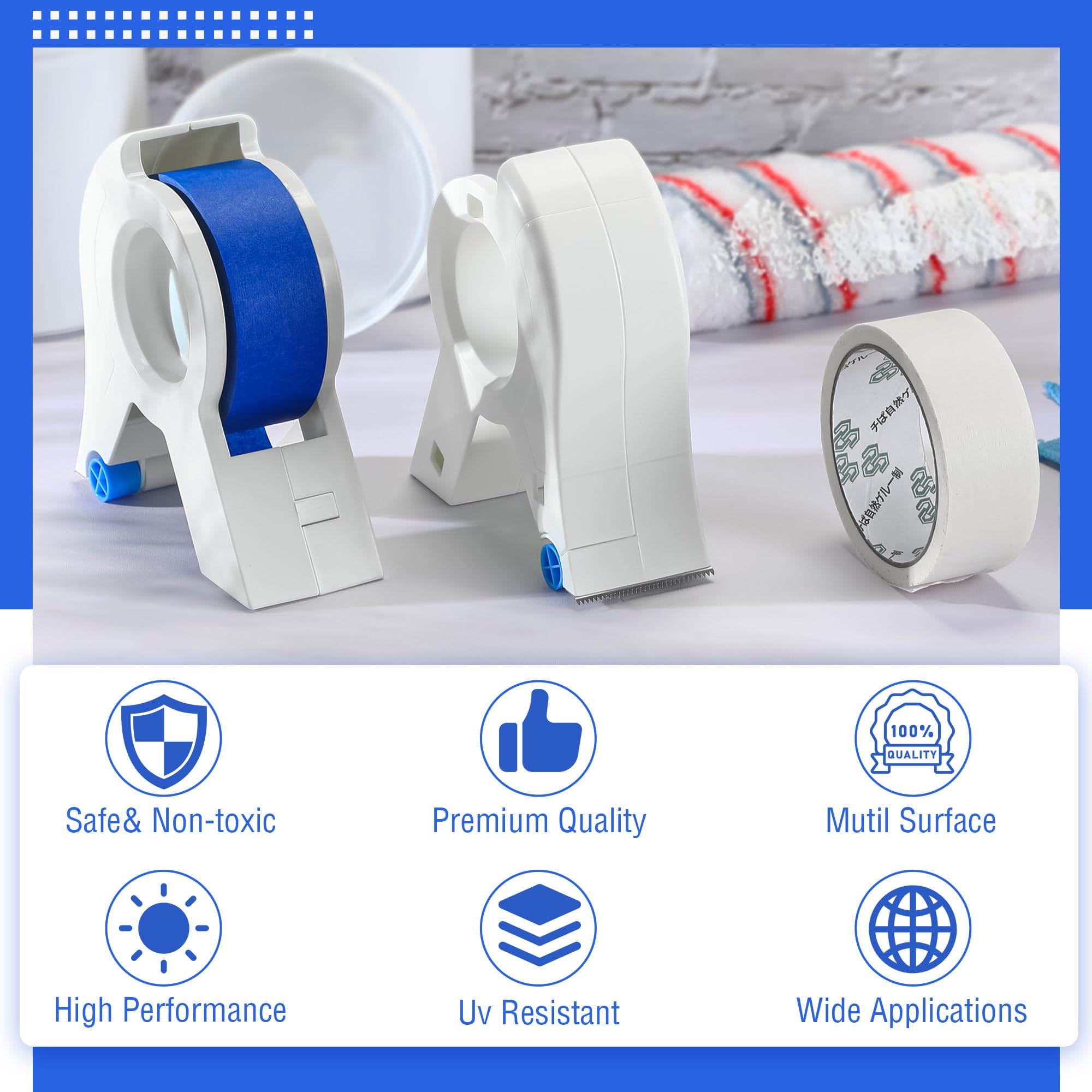 Hohean 1 Pack Masking Paint Tape Applicator Each 1.4 Inch Painters Tape, Portable Masking Set Sharp Tape Cutter for Painting, Trim, Windows, and Door Frames (Blue)