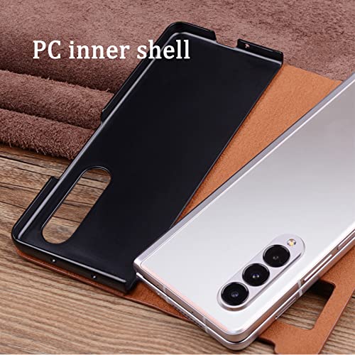 YAGELANG Case for Samsung Galaxy Z Fold 3, Clear View Window Durable Flip Genuine Leather Case Business Shockproof Scratch Resistant Protective Phone Cover 5G 2021,B Yellow
