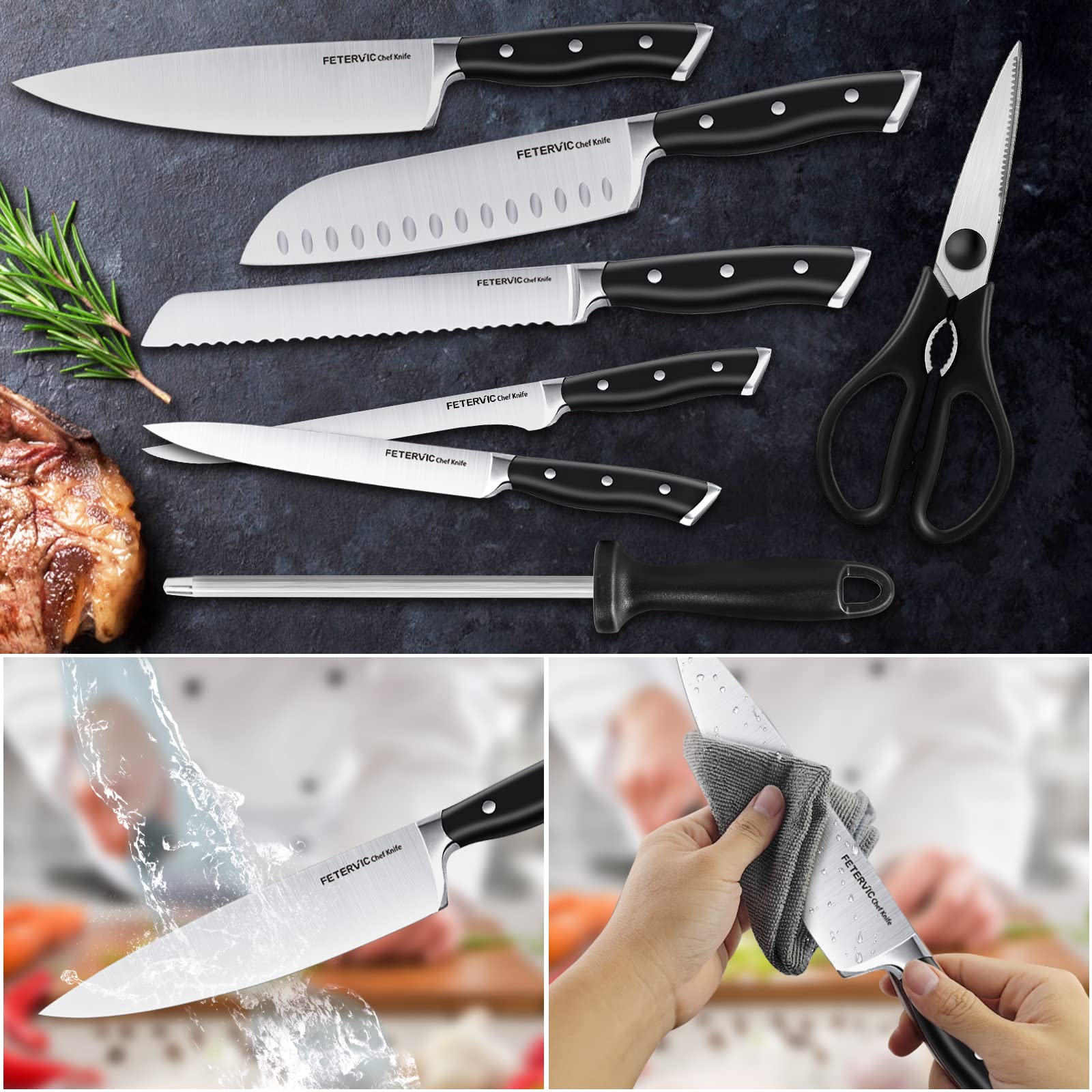 FETERVIC Knife Set with Block, 12-Piece Premium Kitchen Knife Set with Chef Knife, Sharpener and Serrated Steak Knives, Ultra Sharp German Stainless Steel Chef Knife Set