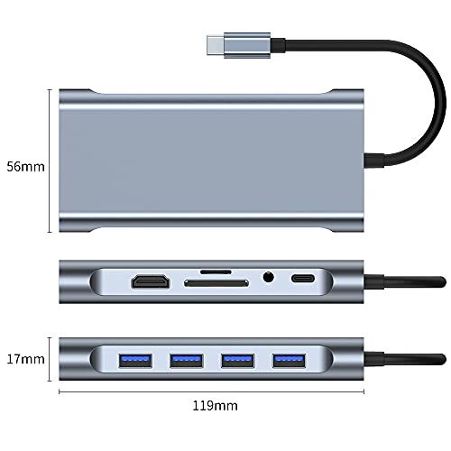 ERYUE Type-C 11-in-1 Hub Aluminum Alloy Shell with USB2.0 USB3.0 HD VGA PD RJ45 Ports SD TF Card Slots 3.5mm o Interface