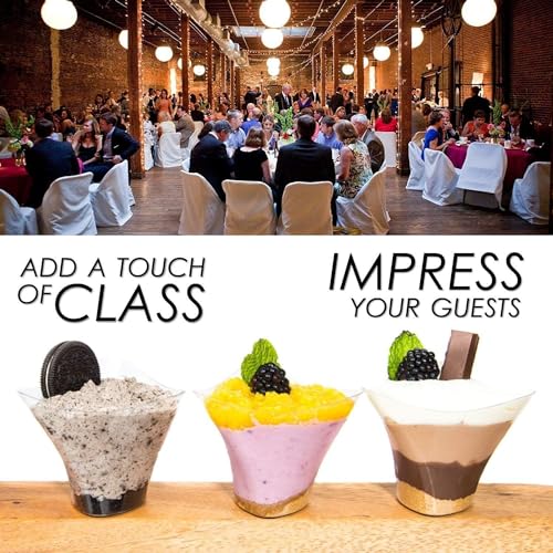 DLux 50 x 5 oz Mini Dessert Cups with Spoons, Large Swirl - Clear Plastic Parfait Appetizer Cup - Small Reusable Serving Bowl for Tasting Party Desserts Appetizers - With Recipe Ebook