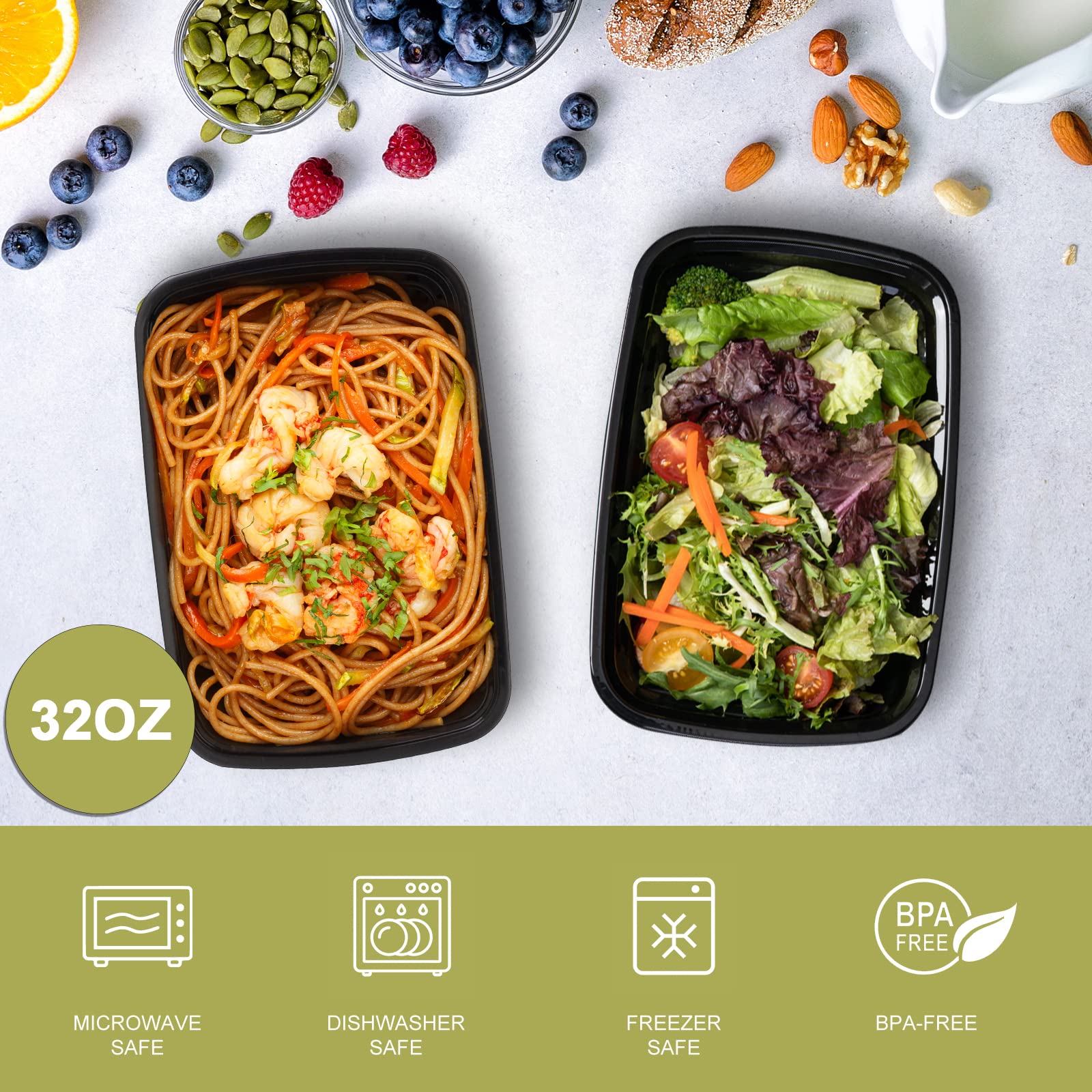 Ezalia 50 Pack- Meal Prep Containers 32oz, Plastic Food Prep Containers with Lids, Leakproof To Go Containers with Lids Reusable, BPA-Free, Microwave/Dishwasher/Freezer Safe