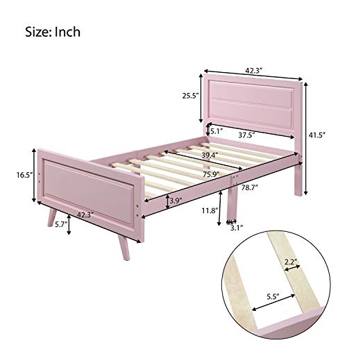 MWrouqfur Twin Size Wood Platform Bed Frame for Kids,Bed Frame Mattress Foundation with Headboard and Wood Slat Support for Girls Boys (Pink)