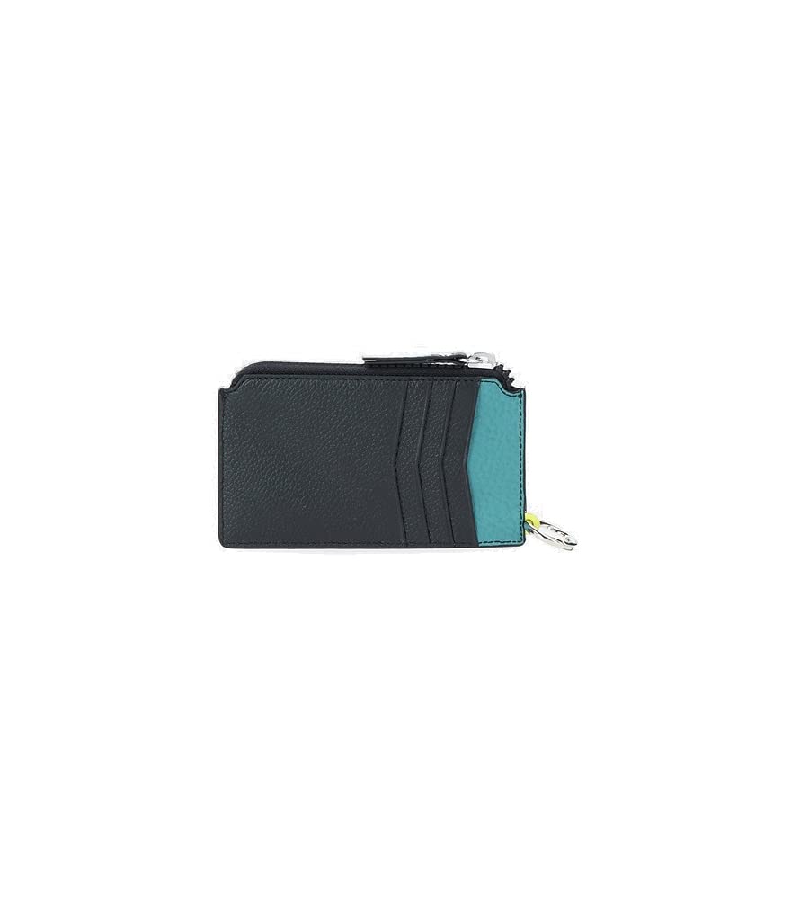 Cole Haan Men's GRANDSERIES Color Block Leather Card Case Zipper Wallet with Key Ring, Black/Teal, One Size