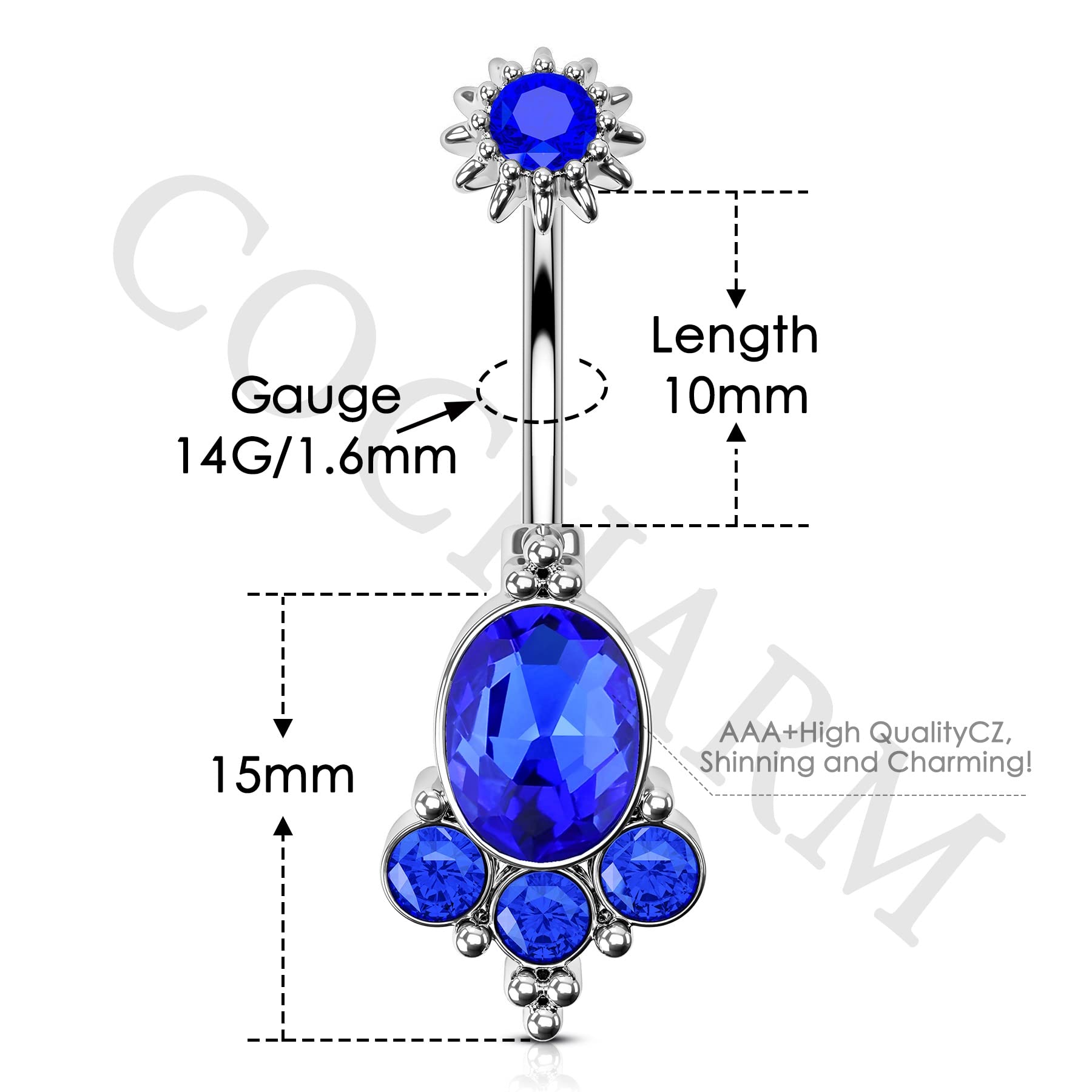 COCHARM 14G Black Belly Button Rings Black CZ Sun Belly Rings for Women 14 Gauge Cute 10mm Curved Navel Belly Piercing