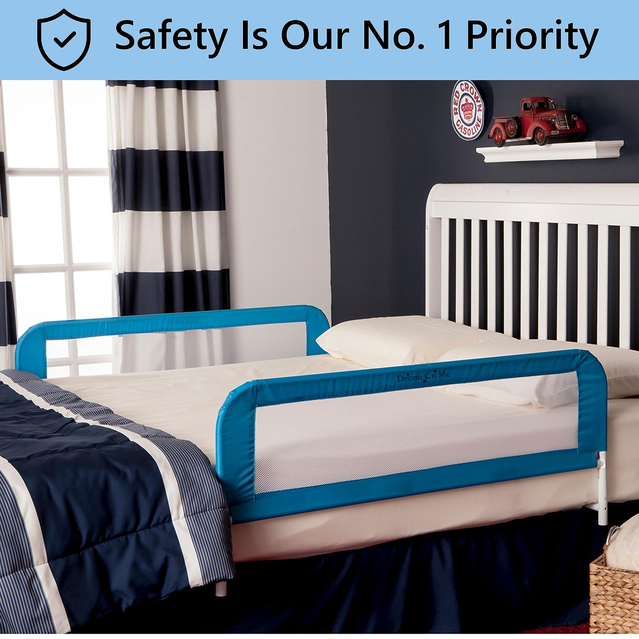 Dream On Me Lightweight Mesh Security Adjustable Bed Rail for Toddler with Breathable Mesh Fabric in Sports Print.