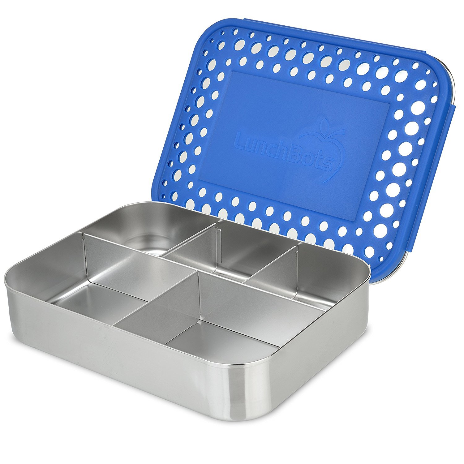 LunchBots Large Cinco Stainless Steel Lunch Container - Five Section Design Holds a Variety of Foods - Metal Bento Box - Dishwasher Safe - Stainless Lid - Blue Dots