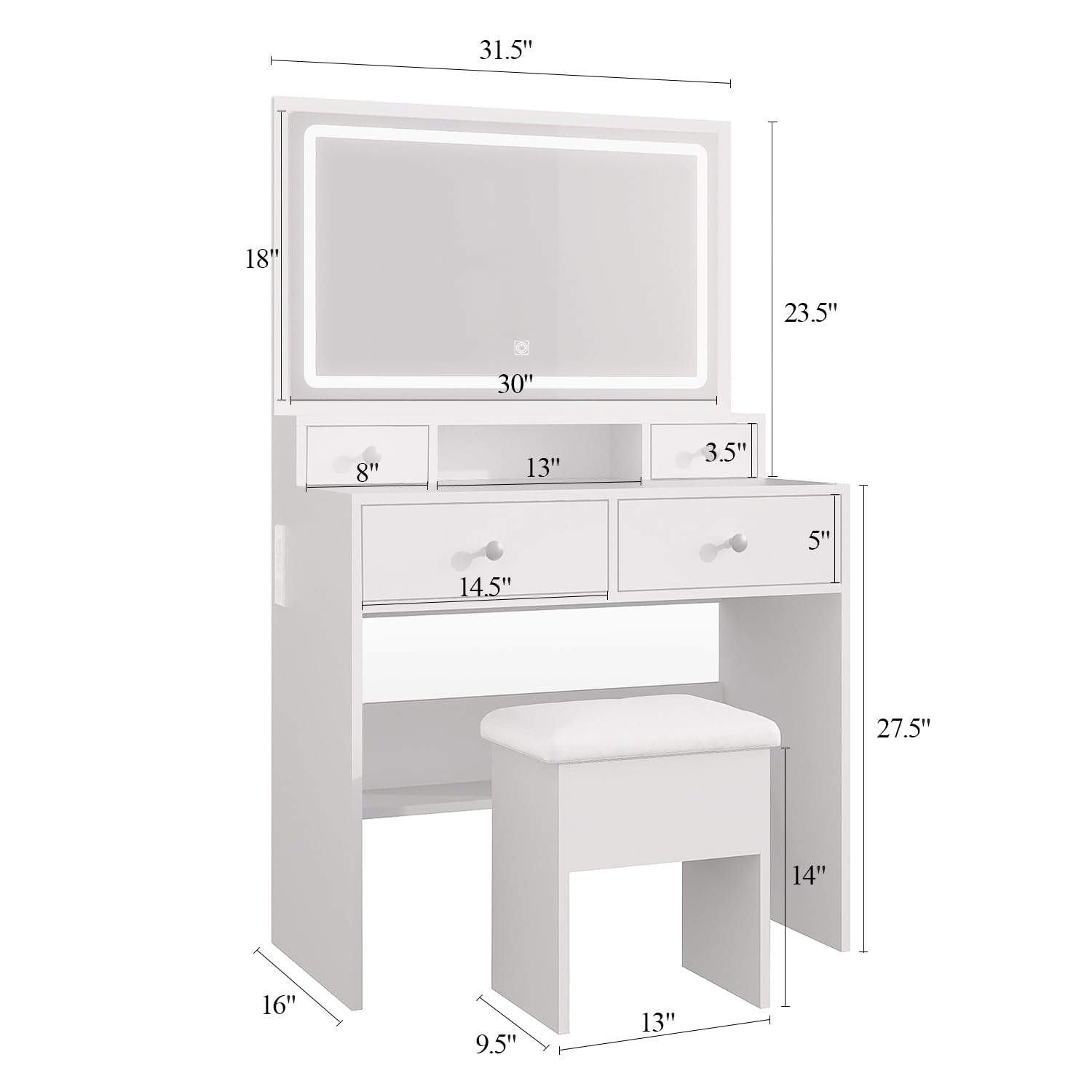 Haewon Vanity Desk with Mirror and Lights, Makeup Vanity Set with 4 Drawers, Power Outlets, and USB Ports, White Vanity with LED Vanity Mirror