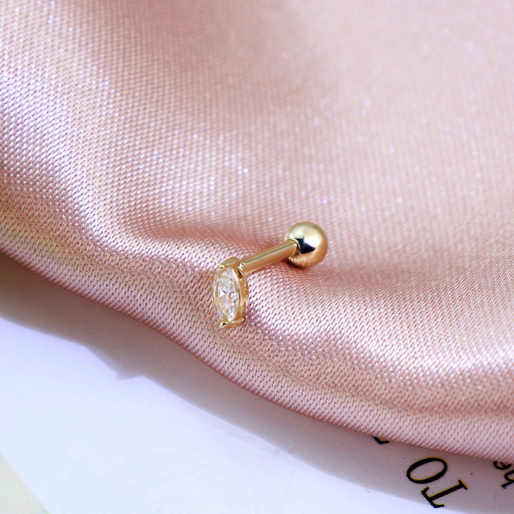 COCHARM 14K Solid Gold Helix Earring Stud Yellow Gold Cartilage Earring Stud Marquise CZ 14Kt Real Gold Helix Cartilage Piercing Jewelry for Women Men