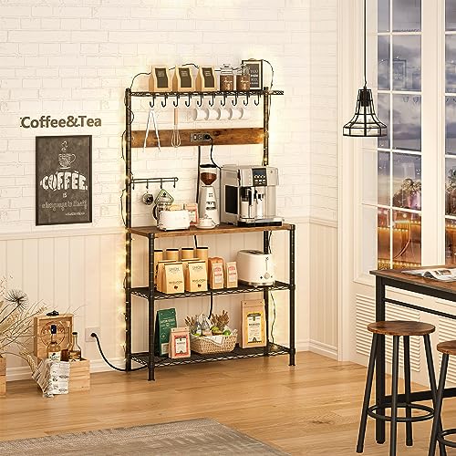 SUPERJARE Bakers Rack with Power Outlets - Height Adjustable Microwave Stand, 4-tier Kitchen Storage Rack with 10 S-shaped Hooks, 360° Hanging Strip, Coffee Bar Station - Rustic Brown