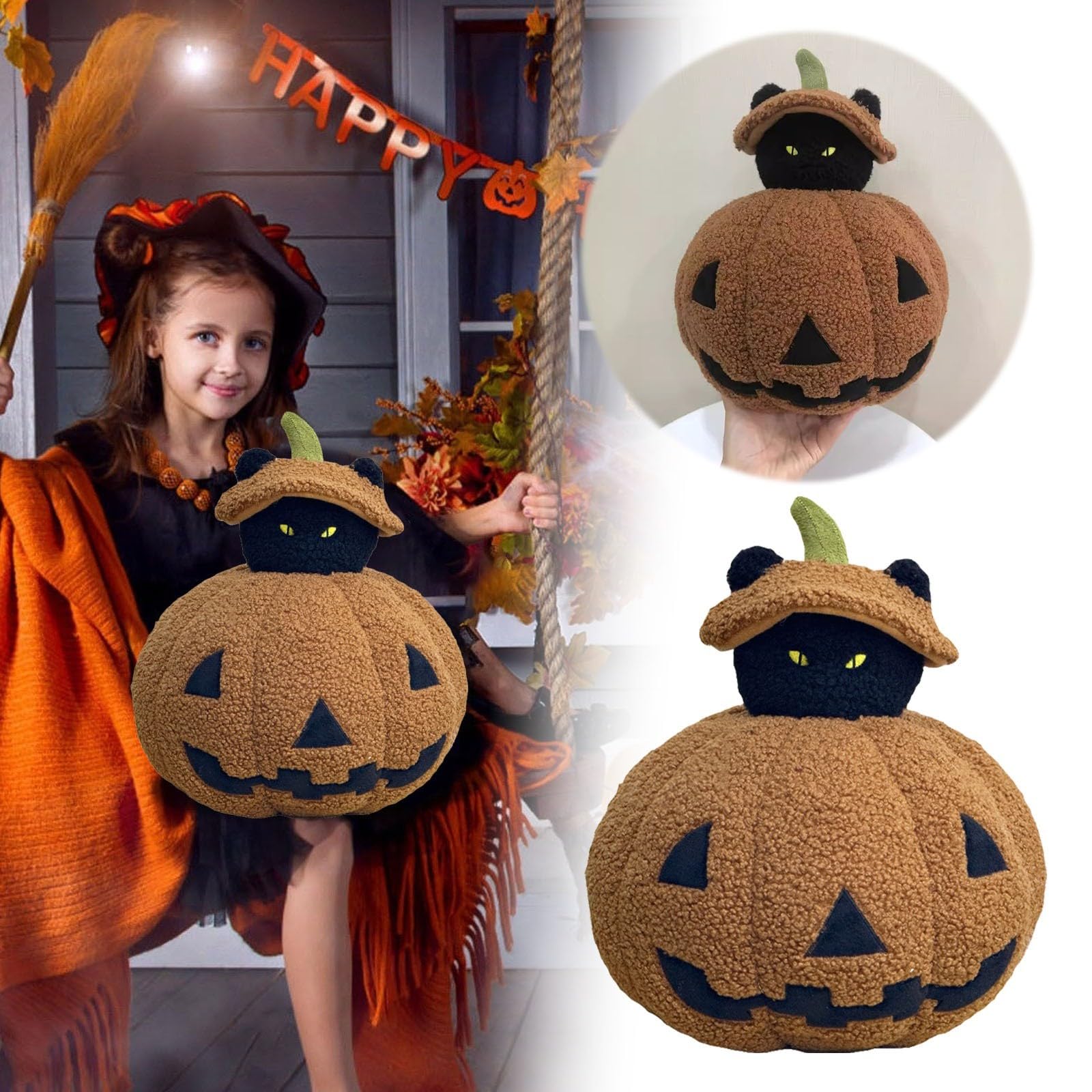 Halloween Black Cat Pumpkin Toy Pillow Holiday Pillow Halloween Pumpkin Plush Toy, Cute Cat Hides in Pumpkin Pillow,Cat Pumpkin Peeping Plush Pillow Home Decoration
