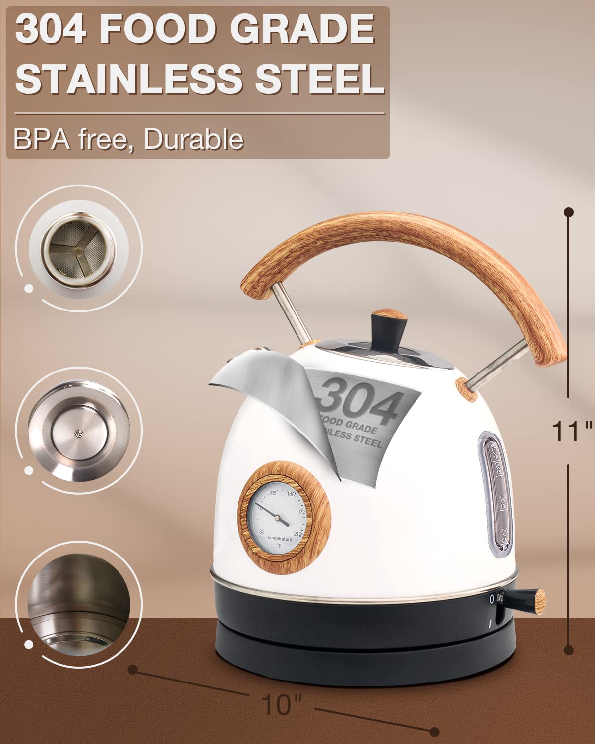Electric Tea Kettle, Hot Water Boiler with Thermometer 1.7 Liter Stainless Steel Teapot, BPA Free, 1500W, SMOLON Wood Pattern Handle Pour-Over Electric Kettle with LED Indicator Auto Shut-Off, White
