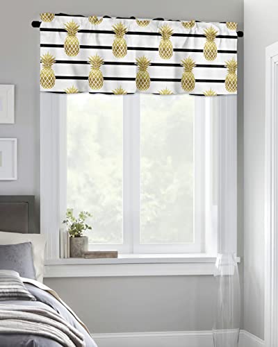 Window Valance for Kitchen,Summer Gold Pineapple Black White Stripes Curtain Valances Rod Pocket Short Curtains,Tropical Fruit Seamless Privacy Window Treatment for Bedroom Living Room 42x12in
