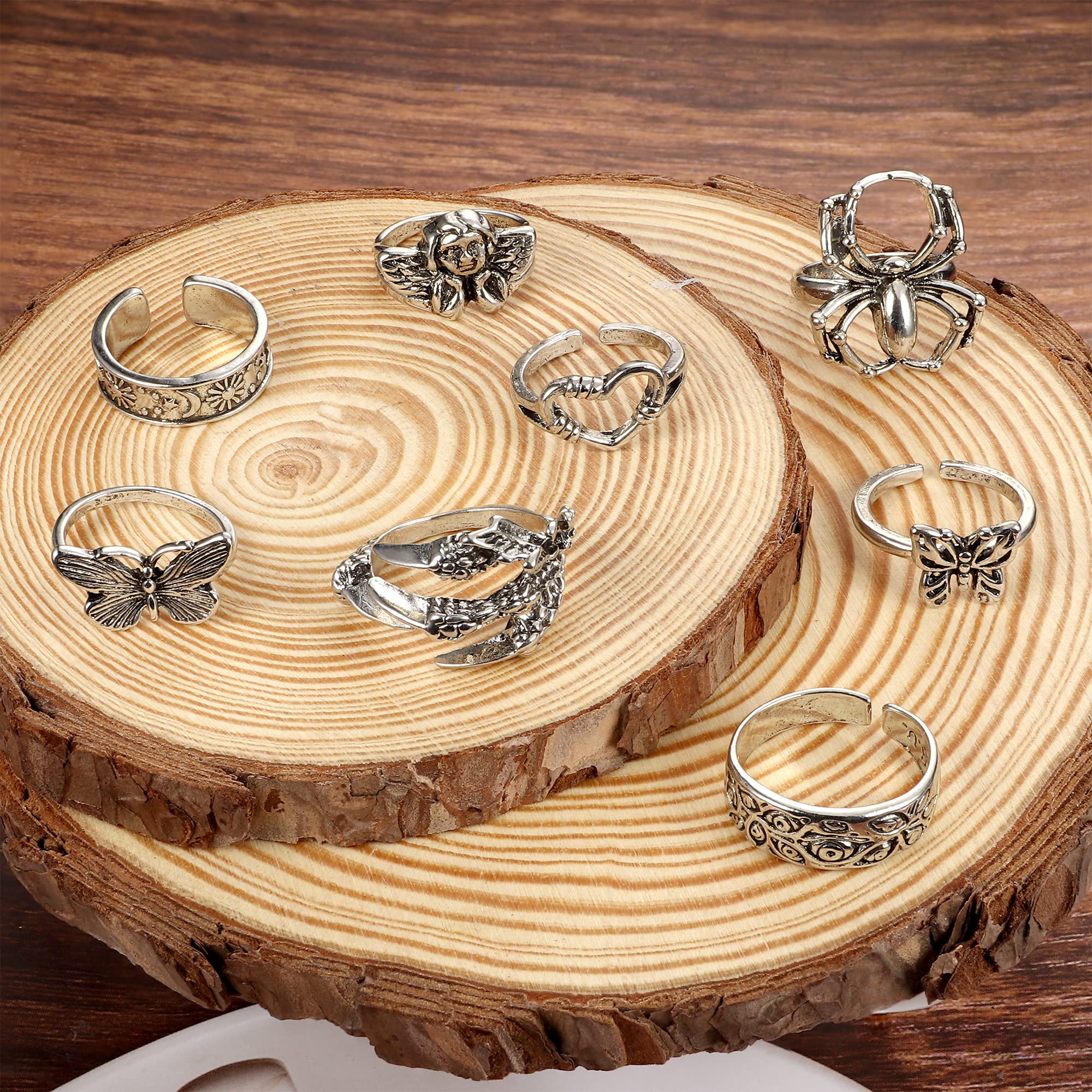 Dochais Vintage Gothic Rings, 30 Pcs Silver Punk Rings Set, Adjustable Grunge Knuckle Rings for Women Men, Statement Stacking Chunky Rings Skull Snake Butterfly Flower Y2K Rings
