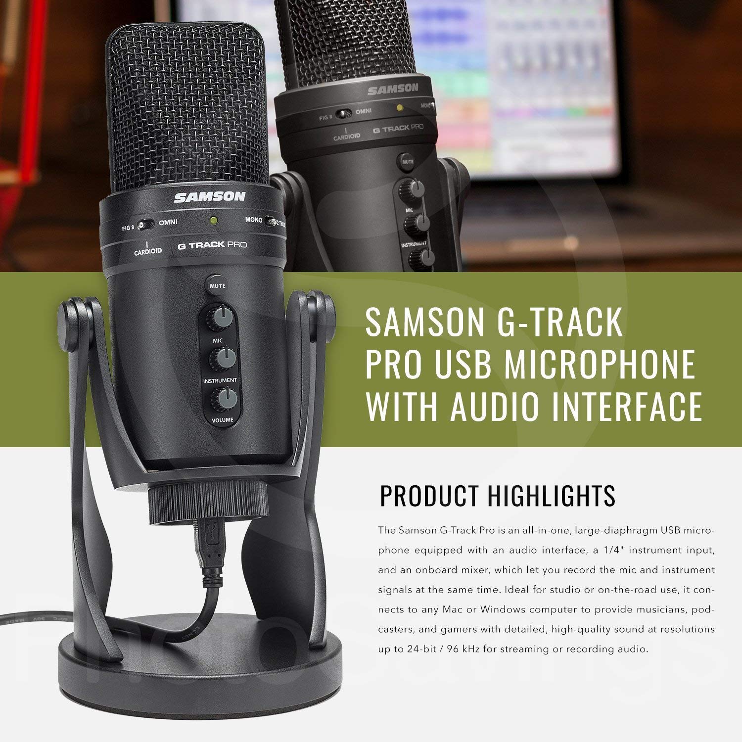 Samson G-Track Pro Professional USB Condenser Microphone w/Audio Interface - Bundled with Samson Headphones and Hardbody Headphone Case Accessory Bundle