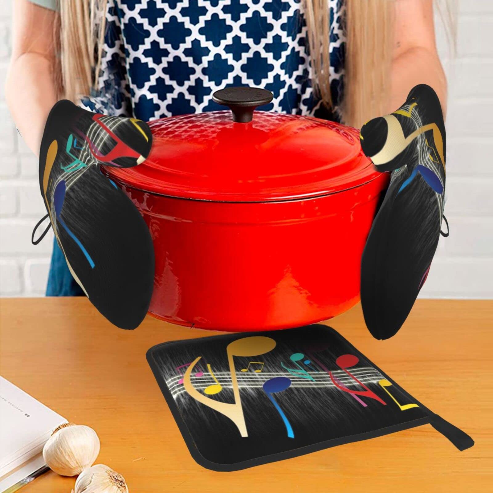 Colorful Musical Note Oven Mitts and Pot Holders Sets of 3 Washable Heat Resistant Hot Pads Non-Slip BBQ Gloves for Kitchen Cooking Baking Grilling