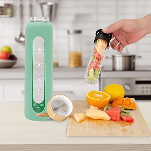 Sursip 32oz Glass Water Bottle with Time Marker and 2 Lids-Spout Lid/Bamboo Lid,Reusable motivational Glass Water Drinking Bottles with Silicone Sleeve/Ice Tray/Fruit box,Leak Proof BPA Free