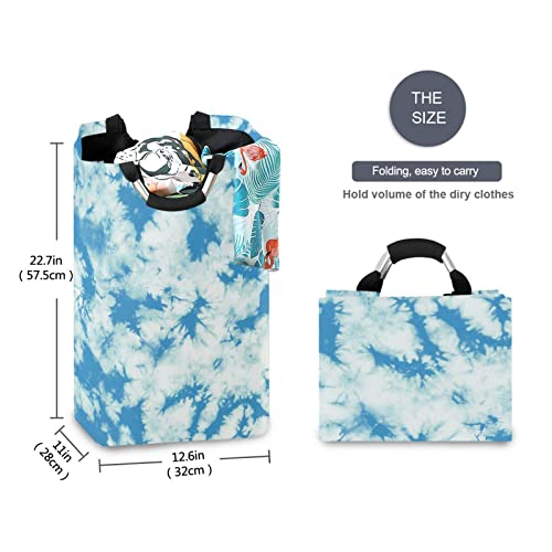 susiyo Blue White Tie Dye Laundry Hamper Collapsible Laundry Basket Organizer Storage Bin for Dorm Clothes