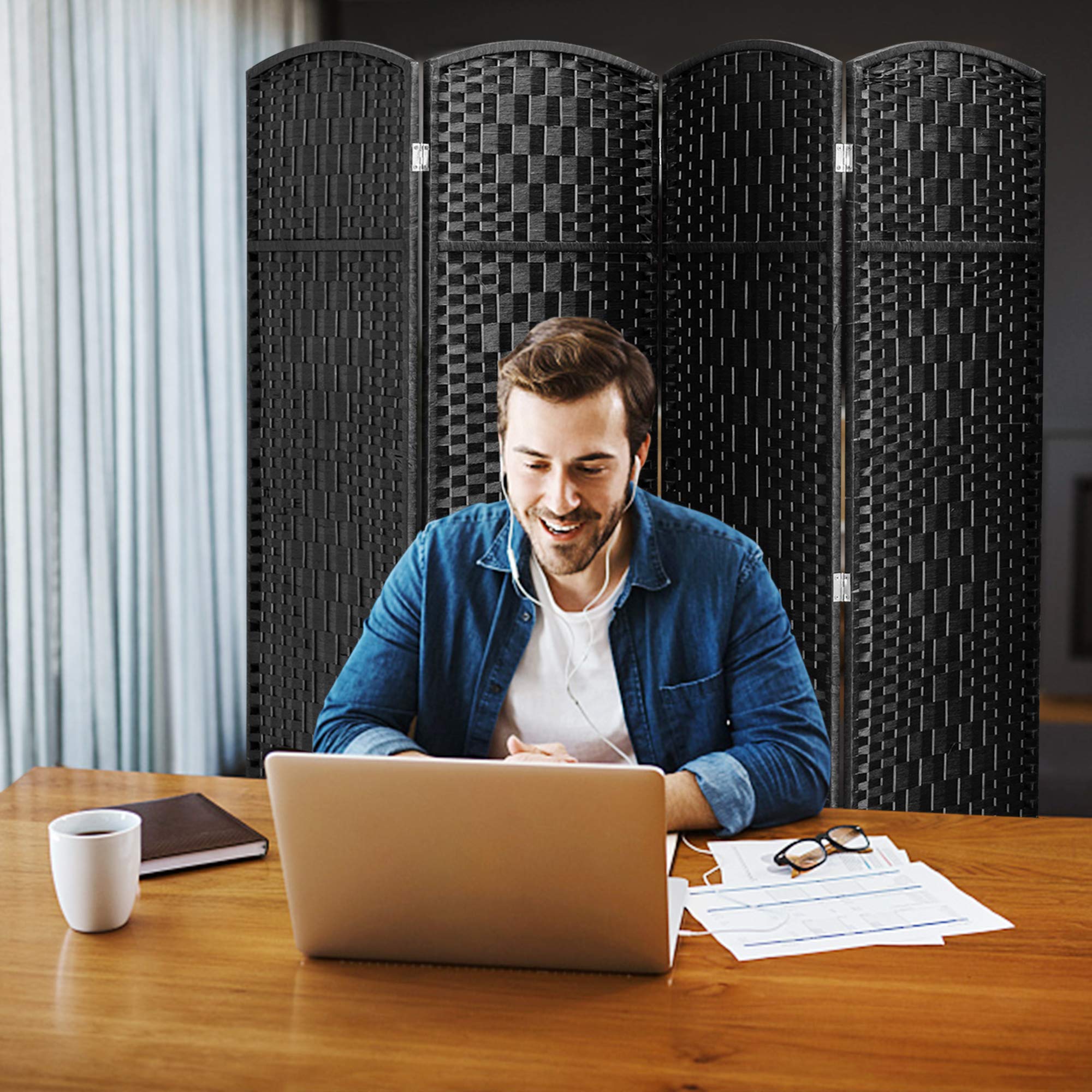 SIMFLAG Folding Screen Room Divider 4 Panel, 6Ft 19.7" Wide Partition Room Dividers Freestanding,Indoor Portable Partition Screen, Diamond Double-Weaved,No Installation Required(Black)