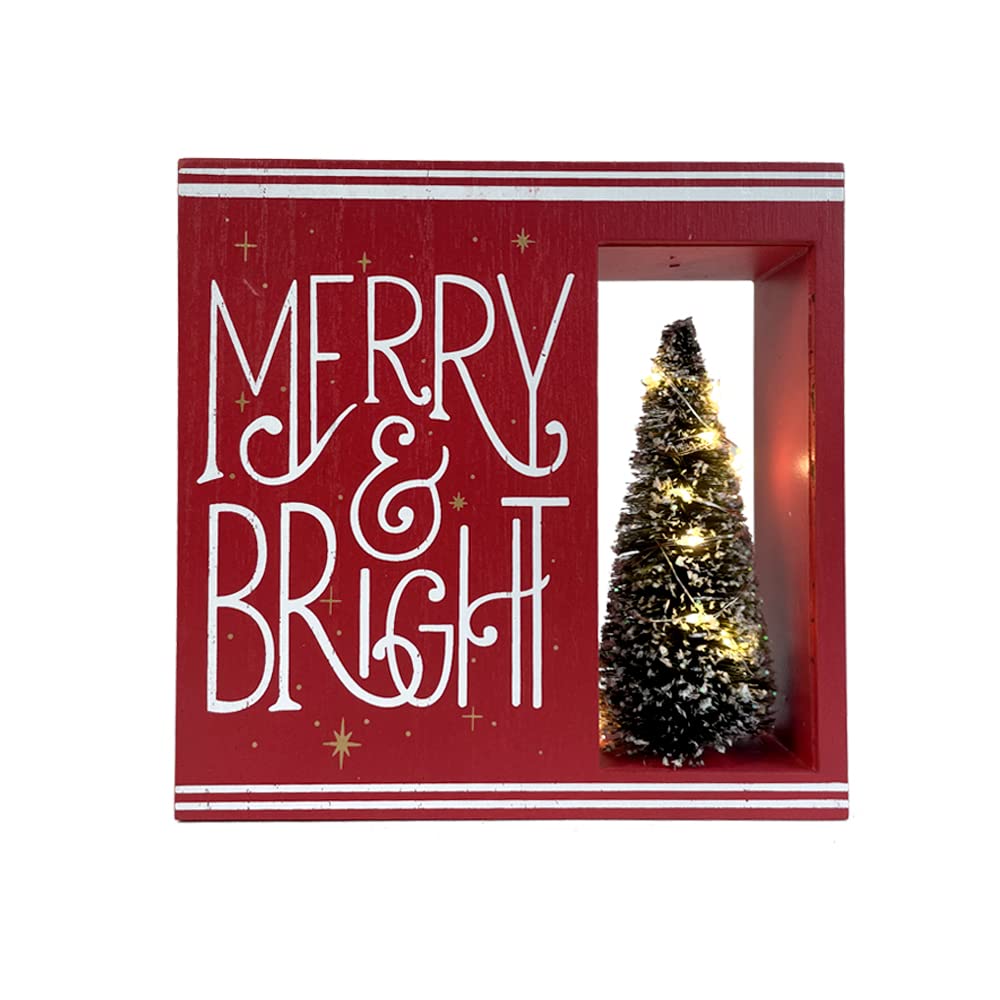 YAblue Christmas Decoration LED Lighted Merry Bright Christmas Tree Block Vintage Red Wooden Decor Farmhouse for Kitchen Bedroom Garden Outside Home 7.1 x 7.1 inch