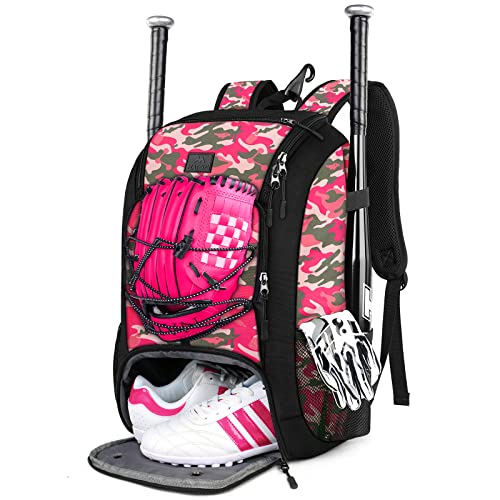 MATEIN Girls Softball Bag, Baseball Bag with Cleats Pocket for Girls, Boys, Adult, Large Baseball Backpack for Men with Fence Hook- Hold 2 Bats, Batting Mitten, Helmet, Caps, Teeball Gear, Pink Camo