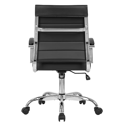 LANDSUN Home Office Chair Mid Back Desk Chair PU Leather Ribbed Executive Swivel Computer Chair with Wheels and Armrests Soft Padded Adjustable Height Conference Task Black