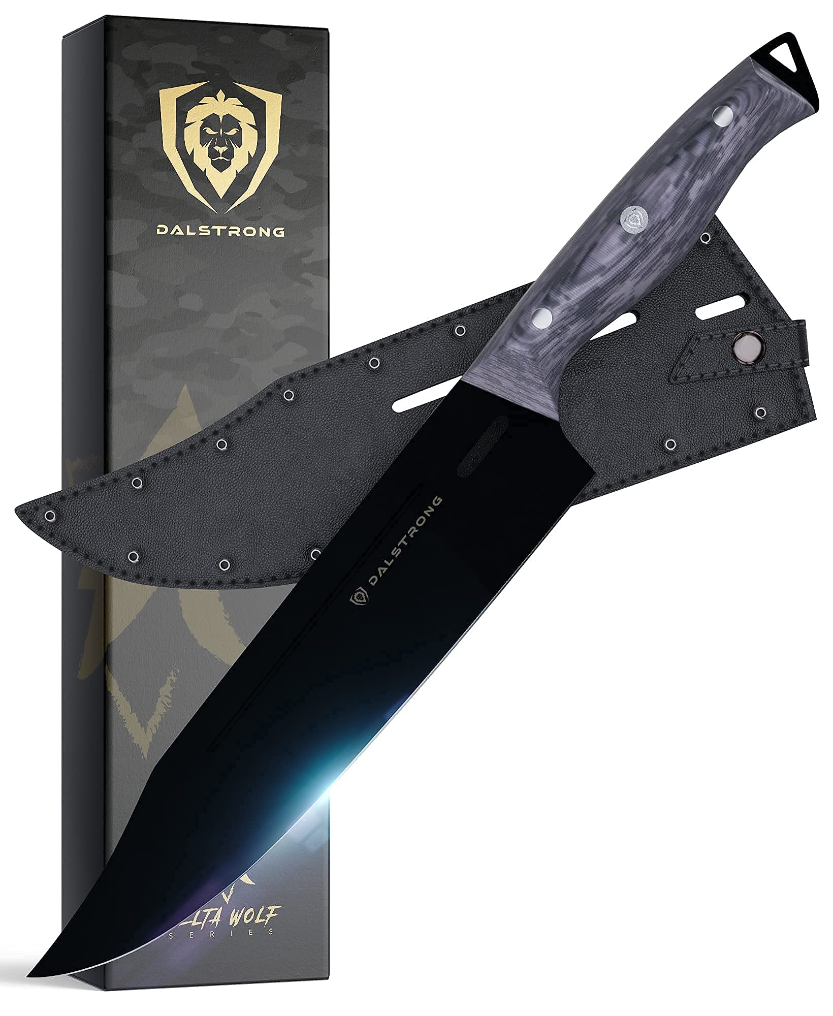DALSTRONG Delta Wolf Series Chef Knife 10" Bundled with Delta Wolf Series Slicing & Carving Knife 12" with PU Leather Sheath - Black Titanium Nitride Coating - G10 Camo Handle