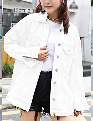 Omoone Women's Oversized Mid Long Denim Jacket Jean Biker Coat(0199-White-XL)