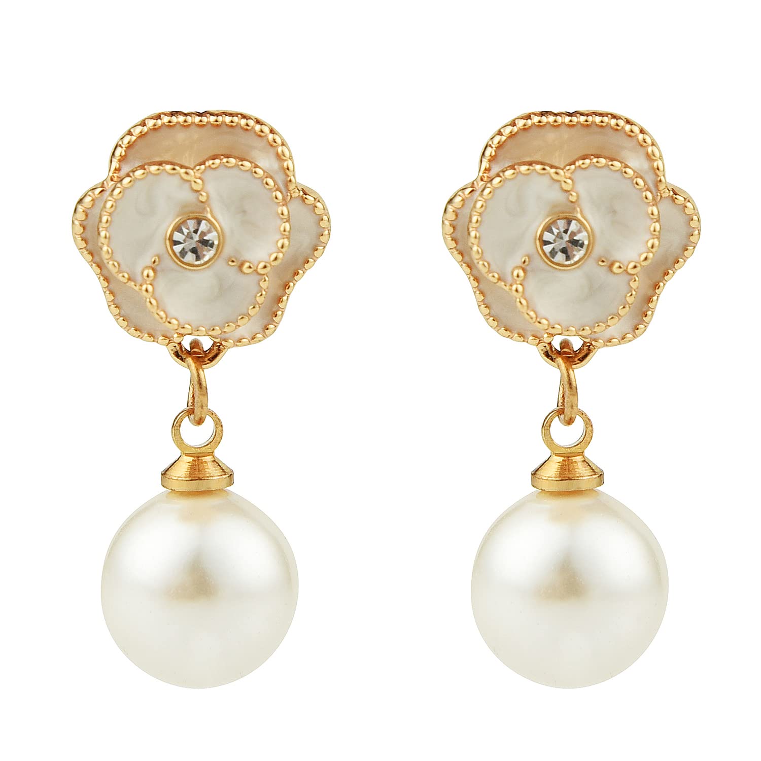 Designer Faux Imitation Pearl Floral charm Dangle Drop Fashion Earrings Studs (White)
