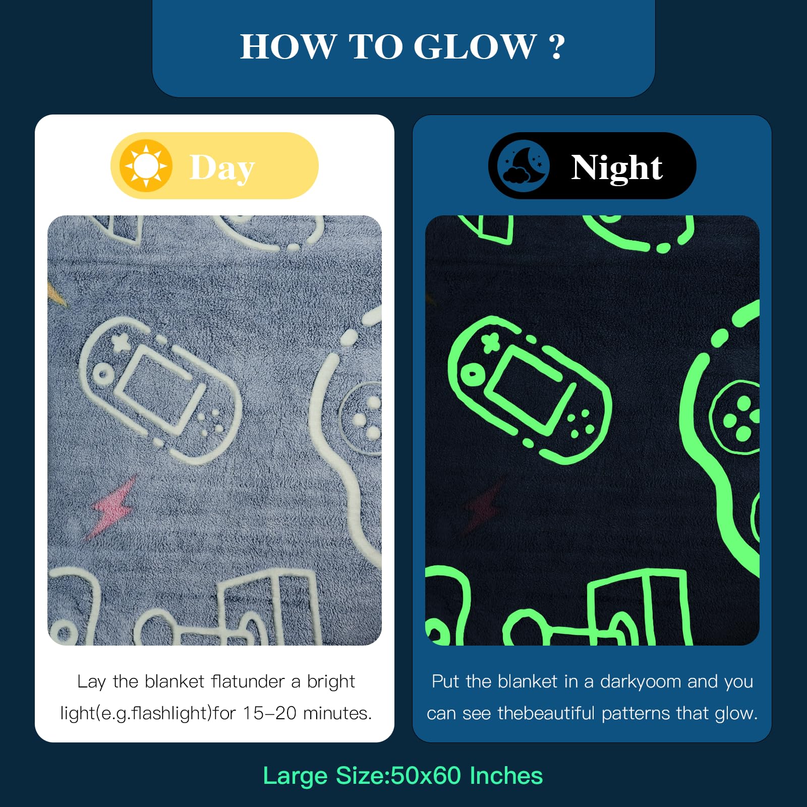 LANJING Glow in The Dark Blanket for Boys, Game Controller Throw Blanket 50"×60" Bed Blanket Couch Blanket for Kids, Outdoor Travel Throw Blanket