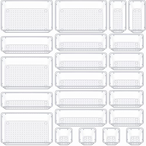 Kootek 22 Pcs Clear Plastic Drawer Organizer Set, 4-Size Bathroom Drawer Organizers Non-Slip Desk Dividers Trays, Versatile Storage Bins for Makeup, Jewelry, Vanity, Bedroom, Kitchen, Office