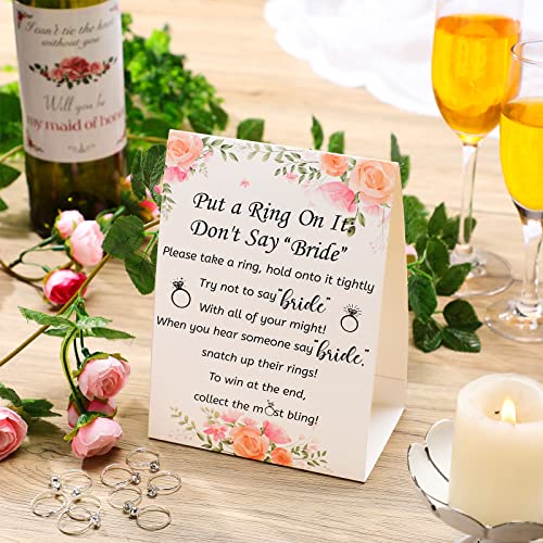 Put a Ring on It Bridal Shower Game with 50 Fake Rings, Rustic Greenery Theme Wedding Shower Games Wedding and Engagement Rings Bridal Shower Decor and Not Say Bride Rules Cards (Silver, Flowers)